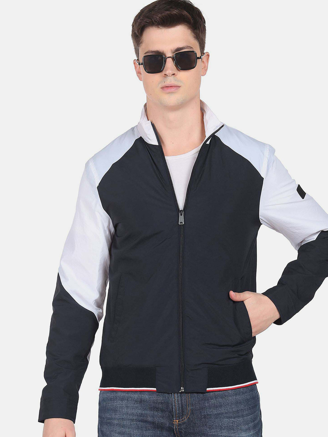 Buy Arrow Sport Men Blue Colourblocked Bomber Jacket - Jackets for Men ...