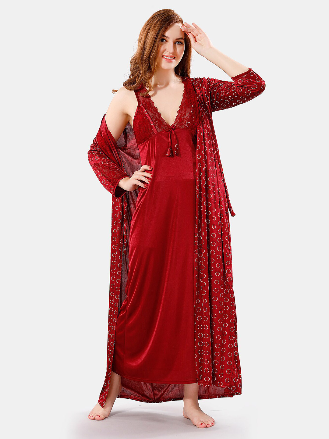 Buy Be You V Neck Lace Satin Maxi Nightdress With Robe - Nightdress for ...