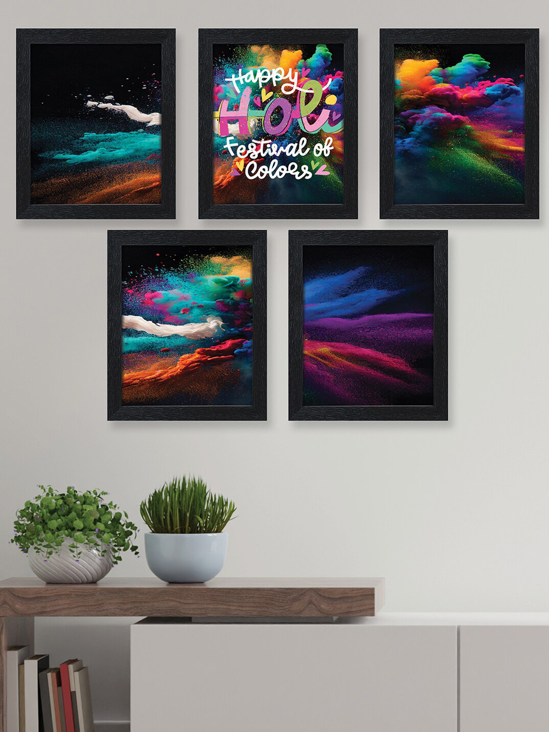 Buy Nest ART Set Of 5 Black Happy Holi Wall Painting - Wall Art for ...