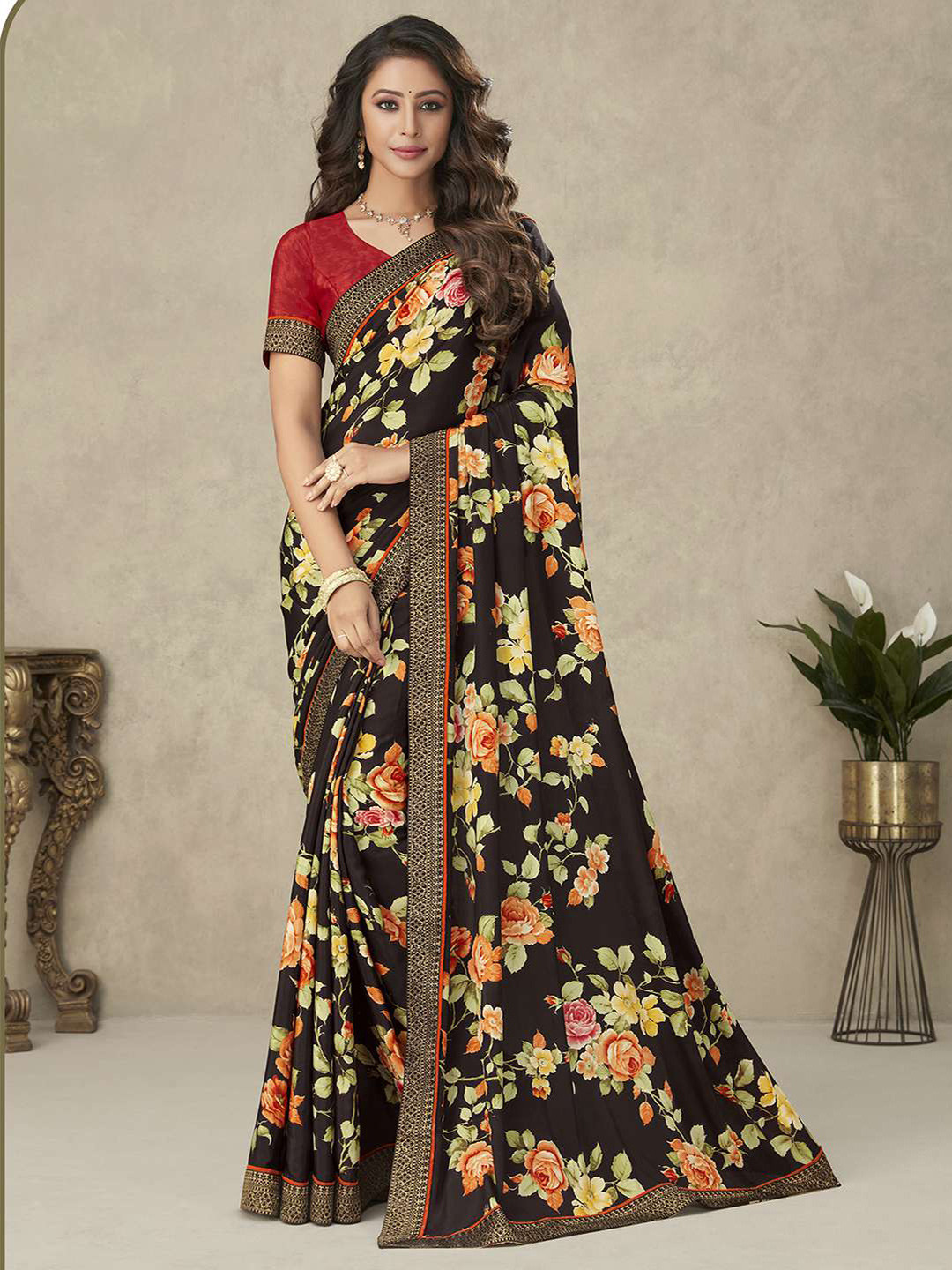 Buy Satrani Floral Printed Embellished Zari Saree - Sarees for Women ...
