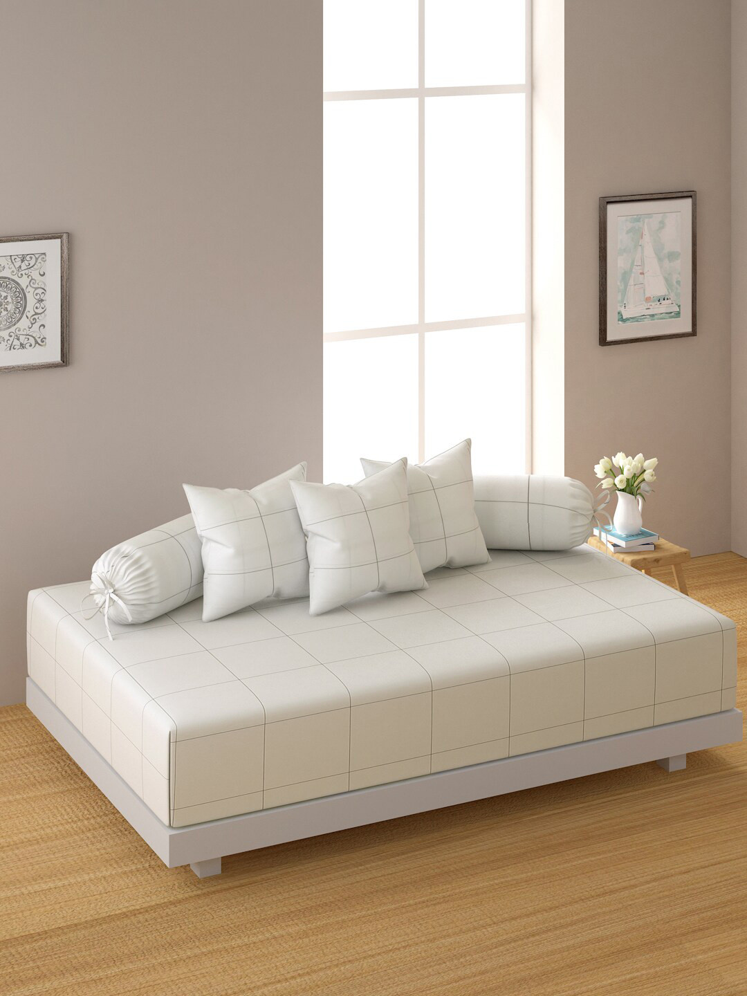 Buy SWAYAM 6 Pieces White Checked 240 TC Pure Cotton Diwan Set - Diwan ...