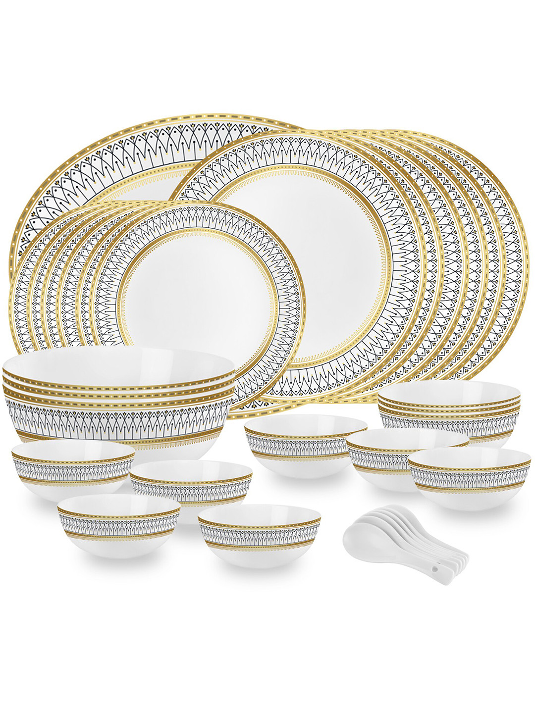Buy Cello Elinor Divine Series 33 Pcs White & Gold Toned Printed Opalware Glossy Dinner Set ...