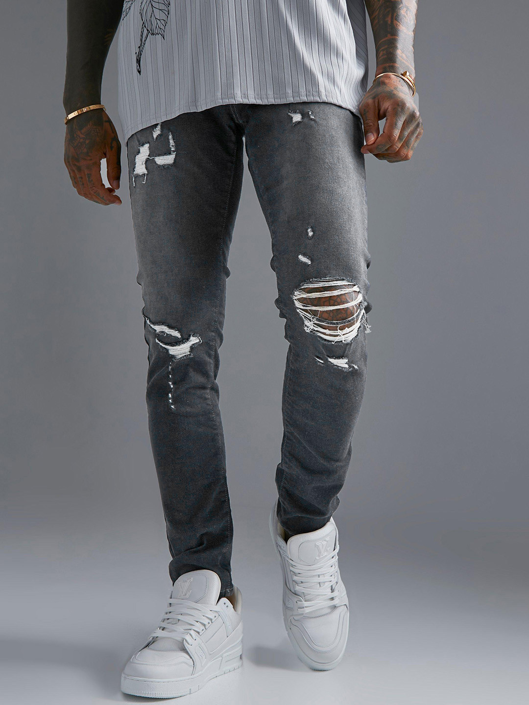 Buy BoohooMAN Skinny Fit Stretch Knee Rip Jeans - Jeans for Men ...