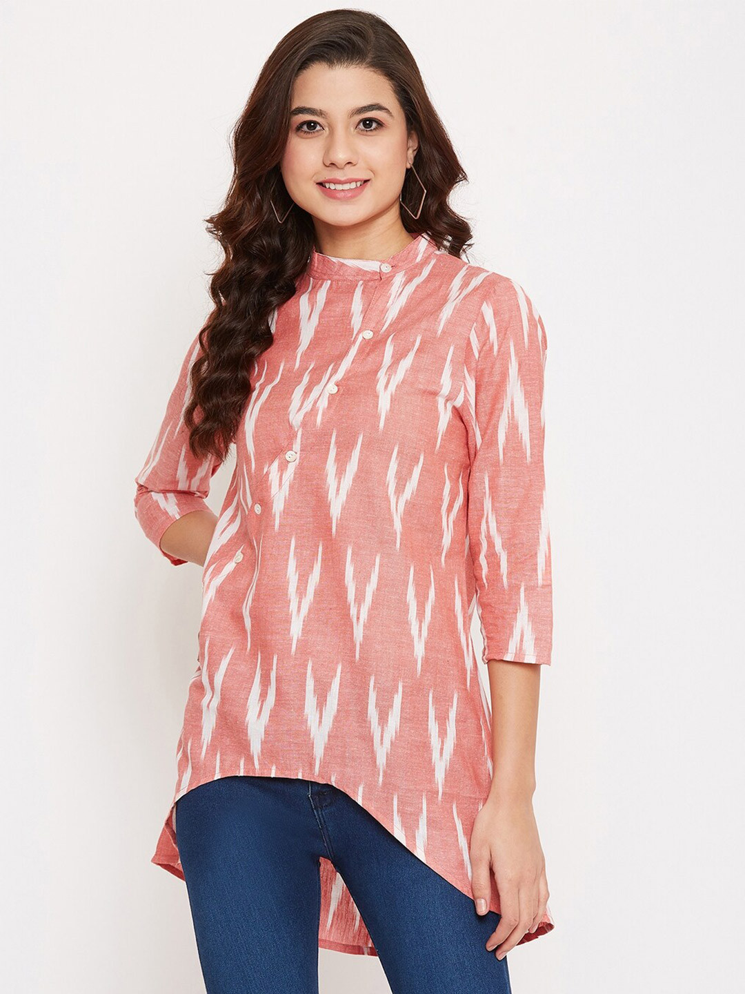 Buy Ruhaans Ikkat Printed Mandarin Collar Longline Cotton A Line Top ...