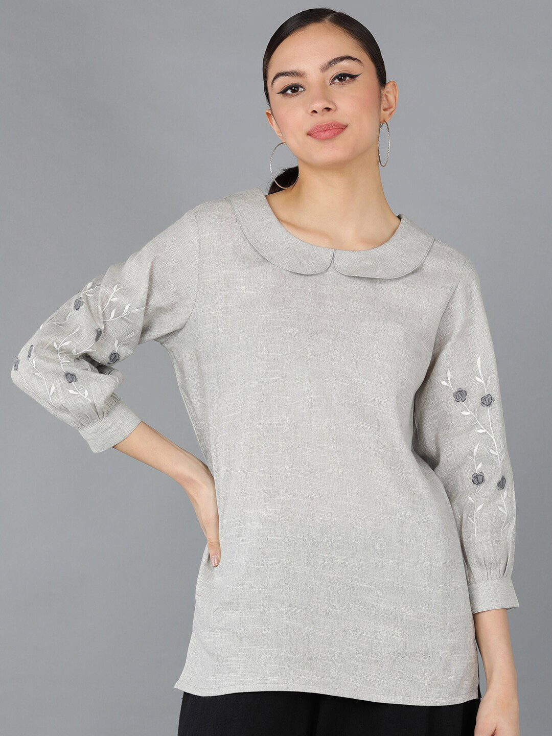 Buy Senyora Floral Embroidered Peter Pan Neck Regular Top - Tops for ...