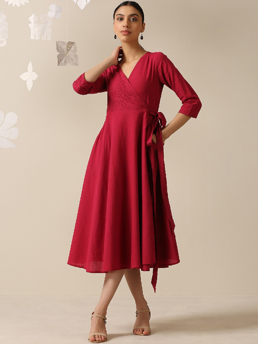 Buy OKHAI V Neck Cotton Wrap Midi Ethnic Dress - Ethnic Dresses for ...