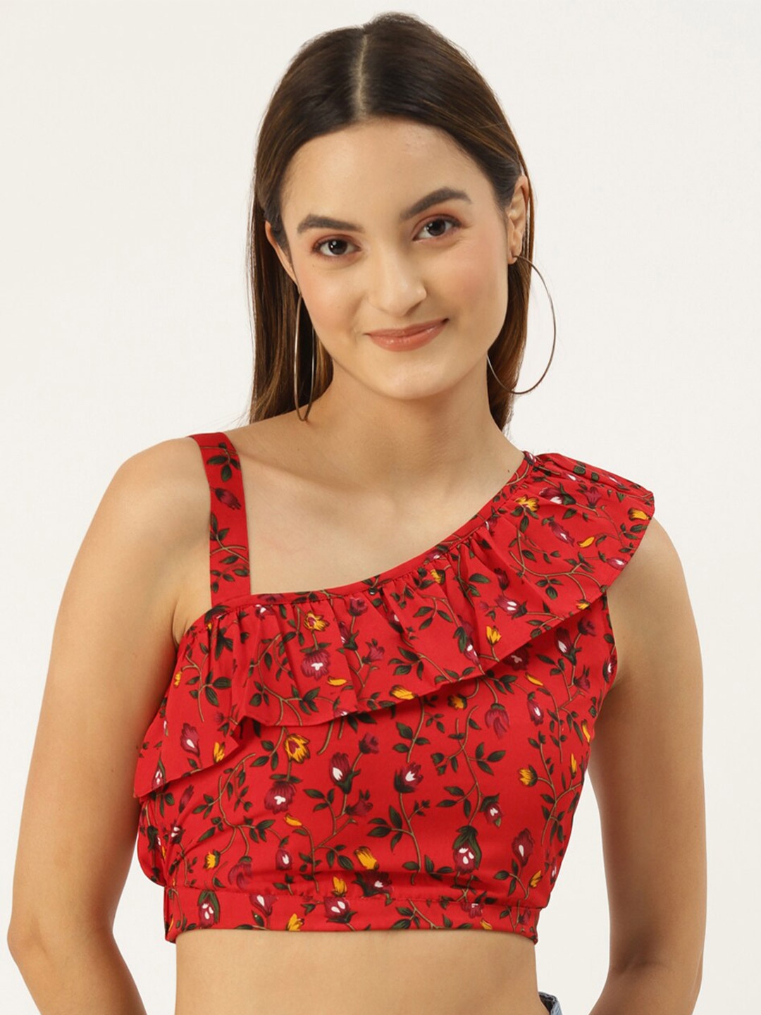 Buy Brinns Floral Print One Shoulder Layered Crepe Crop Top Tops For