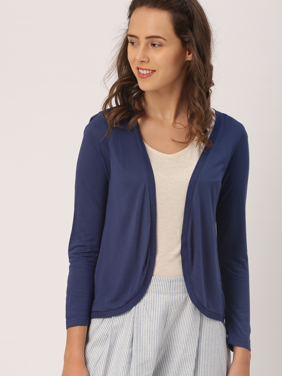 Buy DressBerry Navy Blue Solid Open Front Shrug - Shrug for Women ...