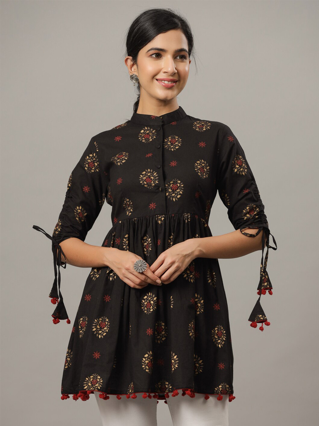 Buy Indian Virasat Floral Printed Mandarin Collar Pure Cotton Empire ...