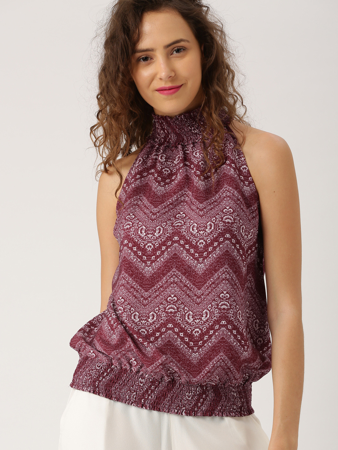 Buy DressBerry Women Burgundy Printed Blouson Top - Tops for Women ...