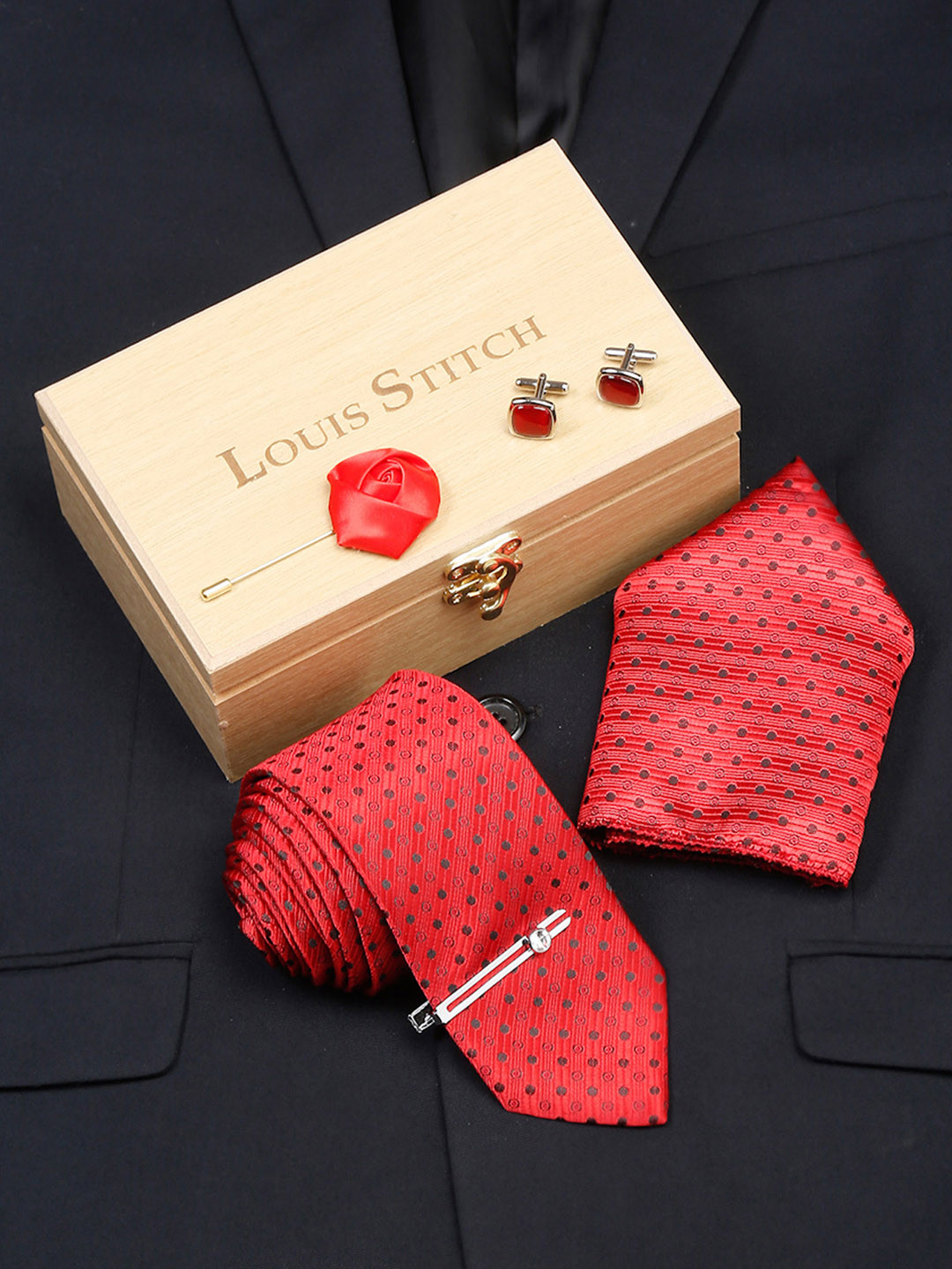 Buy LOUIS STITCH Men Indian Red Italian Silk Necktie Accessory Gift Set ...