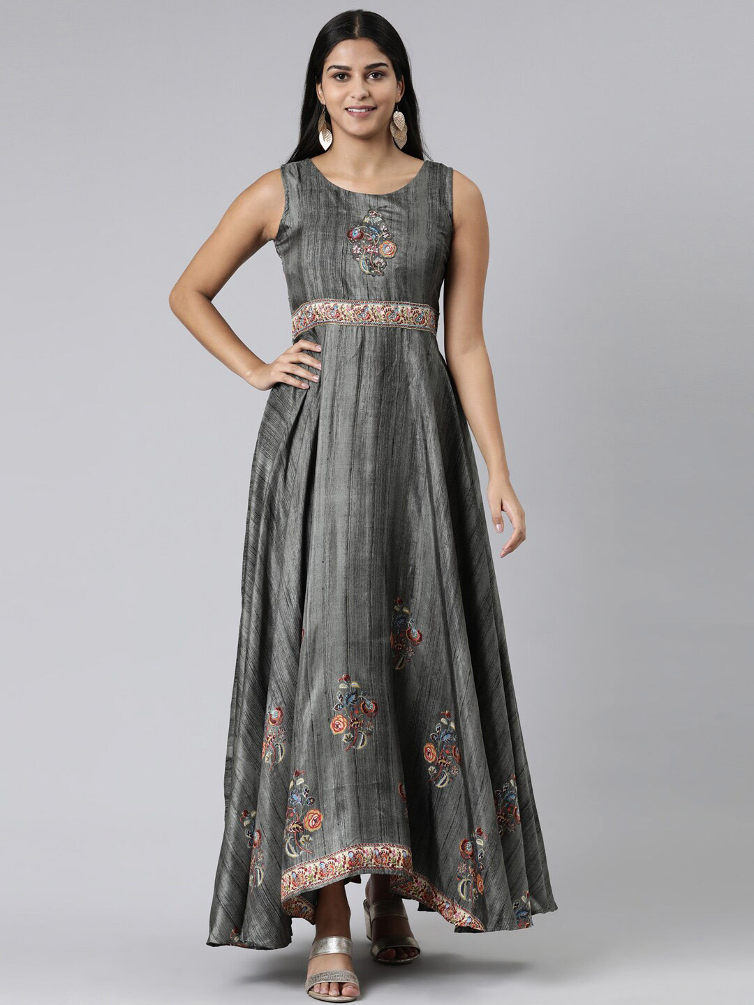 Buy Neerus Floral Printed Embroidered Maxi Ethnic Dress - Ethnic ...