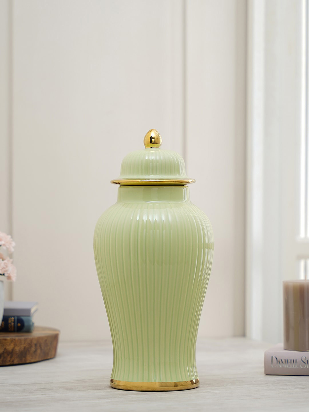 Buy Pure Home And Living Green Ribbed Medium Ceramic Urn - Kitchen ...