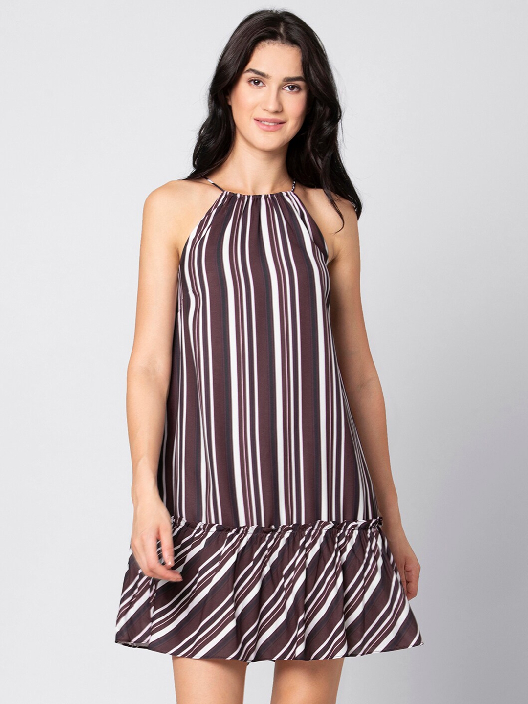 Buy Faballey Maroon Striped Halter Neck Georgette Drop Waist Mini Dress