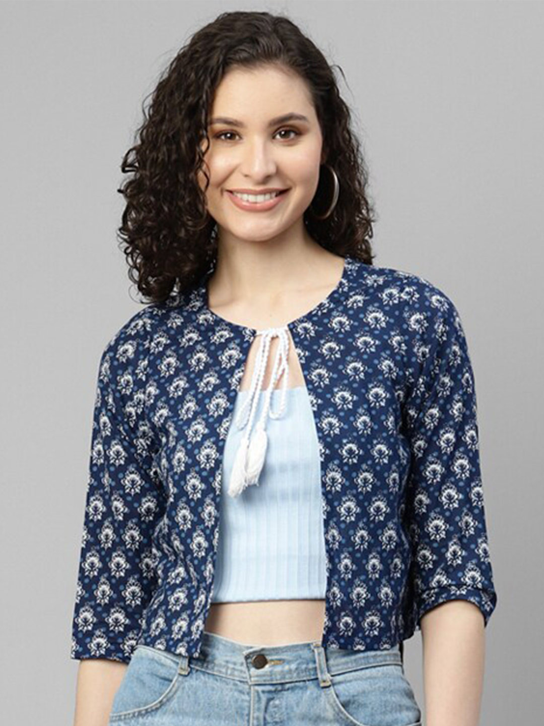 Buy DEEBACO Ethnic Motif Printed Front Open Crop Shrug - Shrug for ...