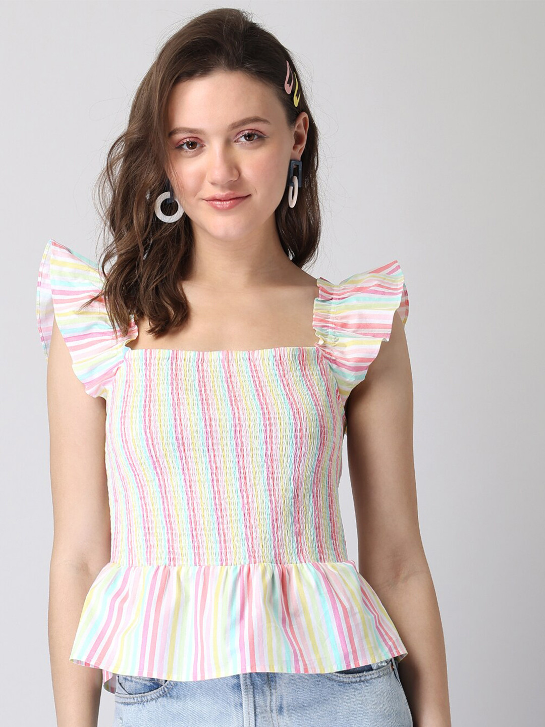 Buy FabAlley Striped Square Neck Smocked Peplum Top - Tops for Women ...