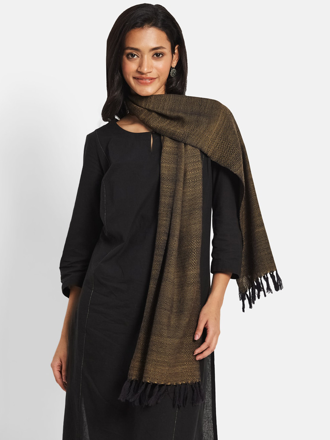 Buy Fabindia Woven Merino Wool Muffler With Fringed Border - Mufflers ...