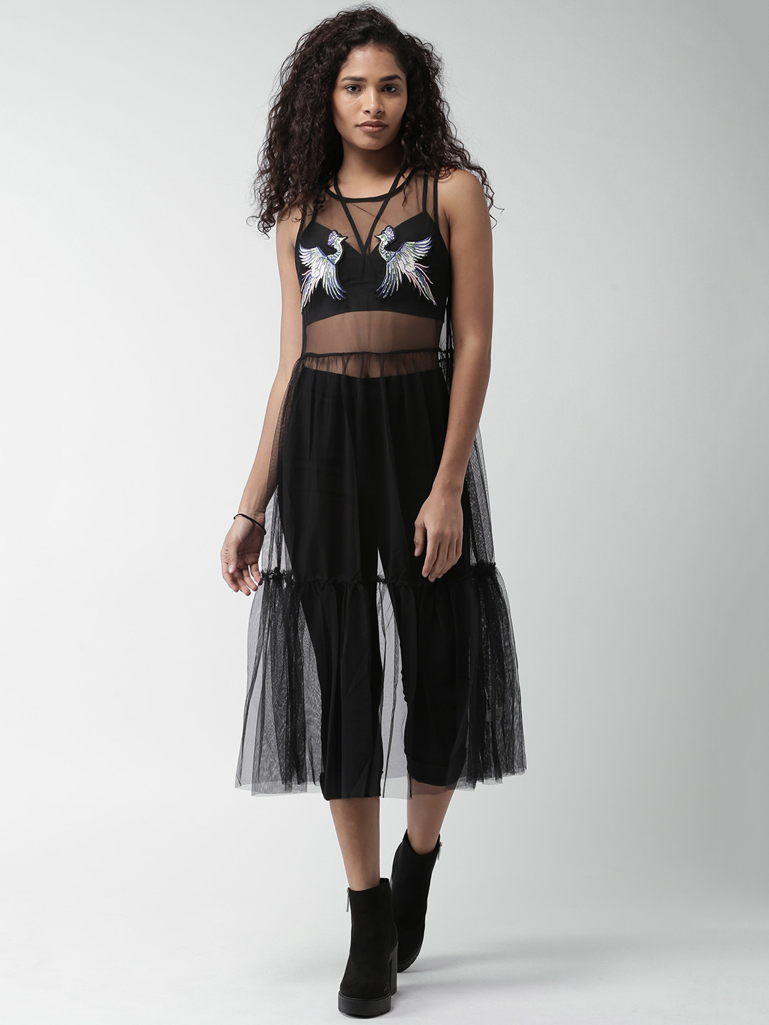 Buy FOREVER 21 Women Black Solid Fit And Flare Sheer Dress - Dresses ...