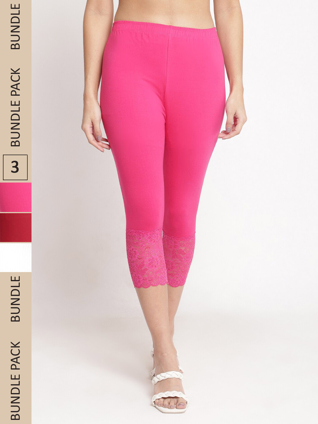 Buy GRACIT Pack Of 3 Skinny Fit Cotton Lycra Capris With Hem Lace ...