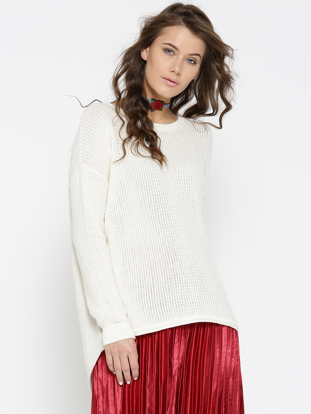 Buy FOREVER 21 Women Off White Self Design Sweater With Cut Out ...