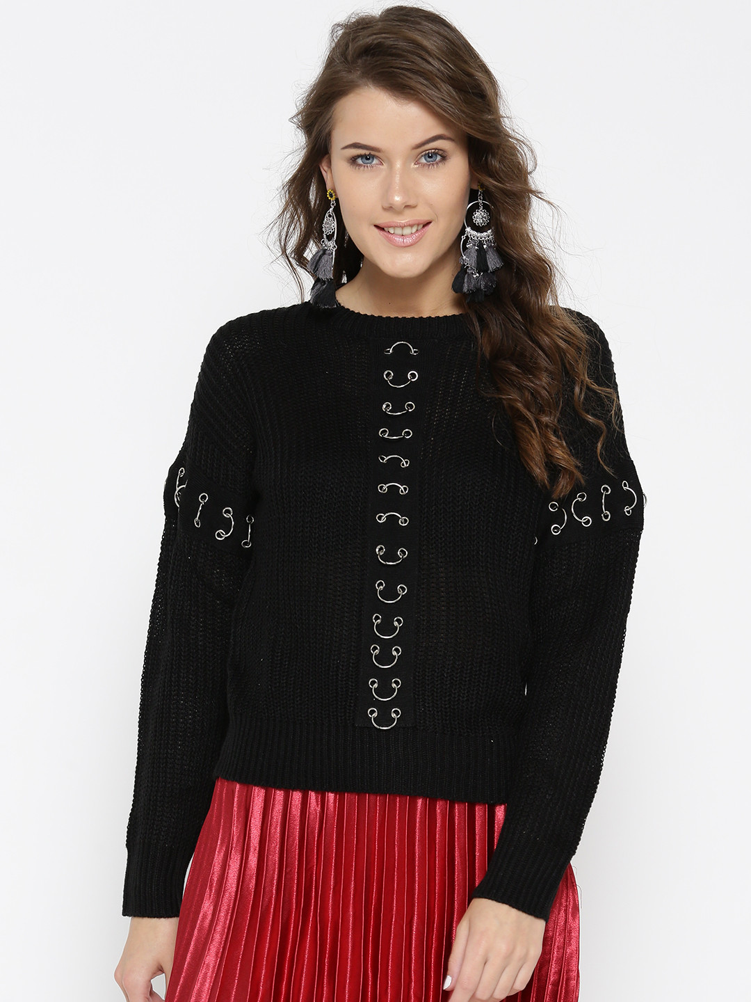 Buy FOREVER 21 Women Black Metallic Detail Ribbed Sweater - Sweaters ...