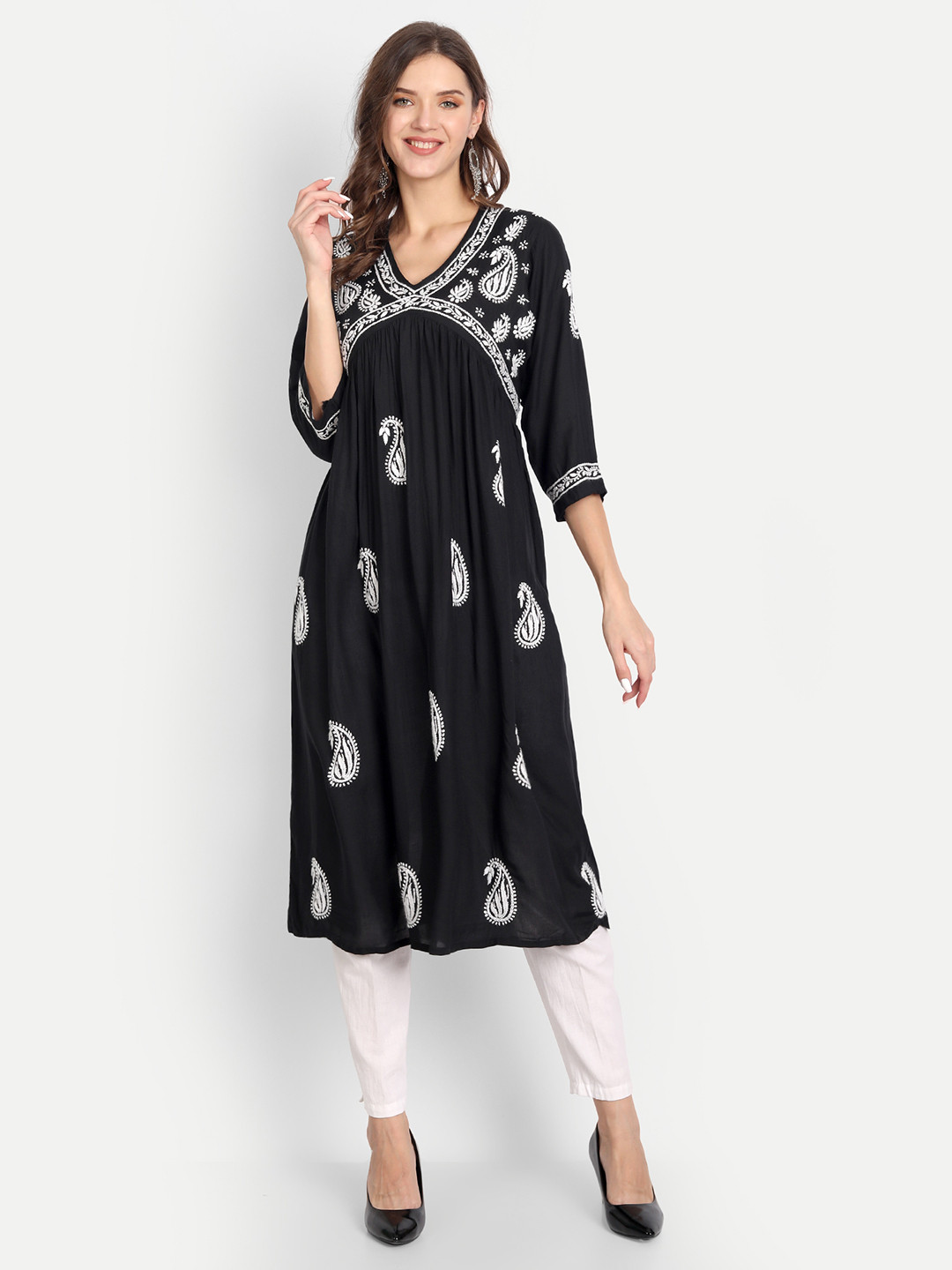 Buy Indiankala4u Paisley Embroidered V Neck Chikankari A Line Kurta ...