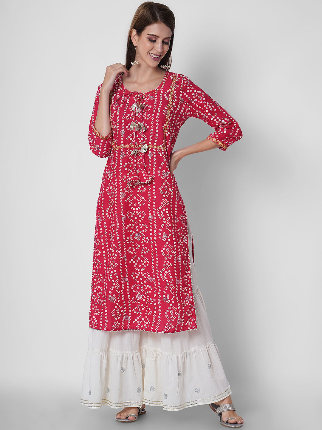 Buy Sanganeri Kurti Bandhani Printed Gotta Patti Kurta With Sharara ...