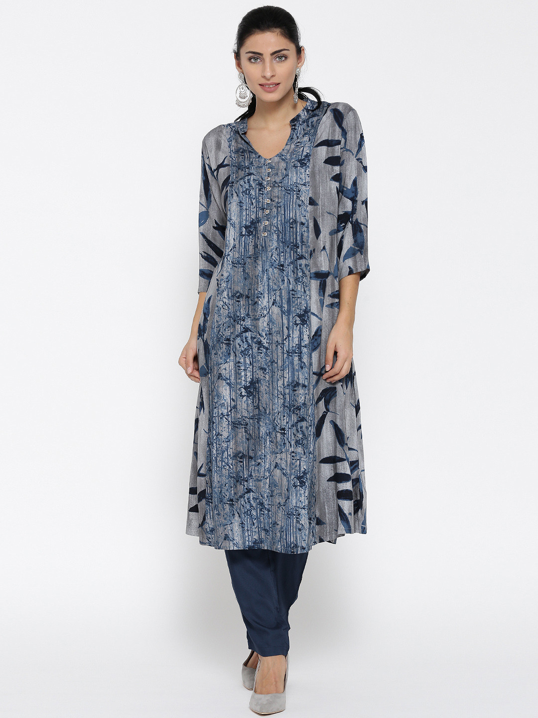 Buy Shree Women Navy & Grey Printed A Line Kurta With Trousers - Kurta ...