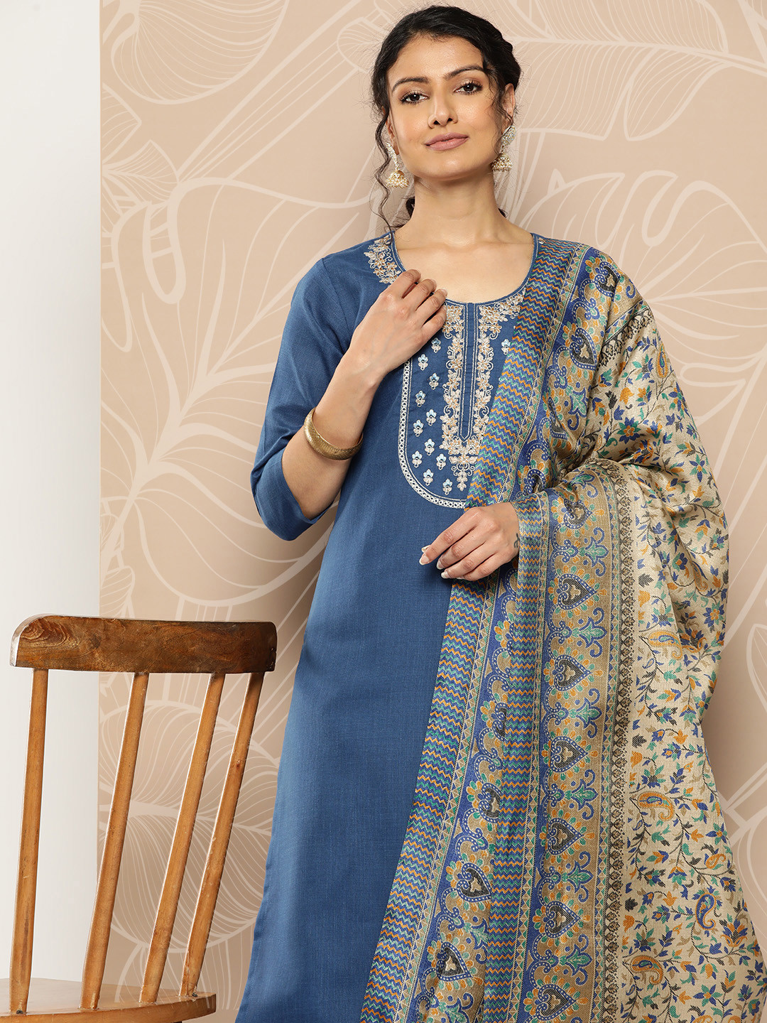 Buy Varanga Blue Yoke Embroidered Kurta With Trouser And Dupatta ...