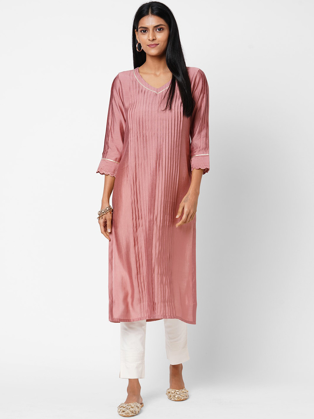 Buy KAMI KUBI V Neck Pleated Dupion Silk Kurta - Kurtas for Women ...
