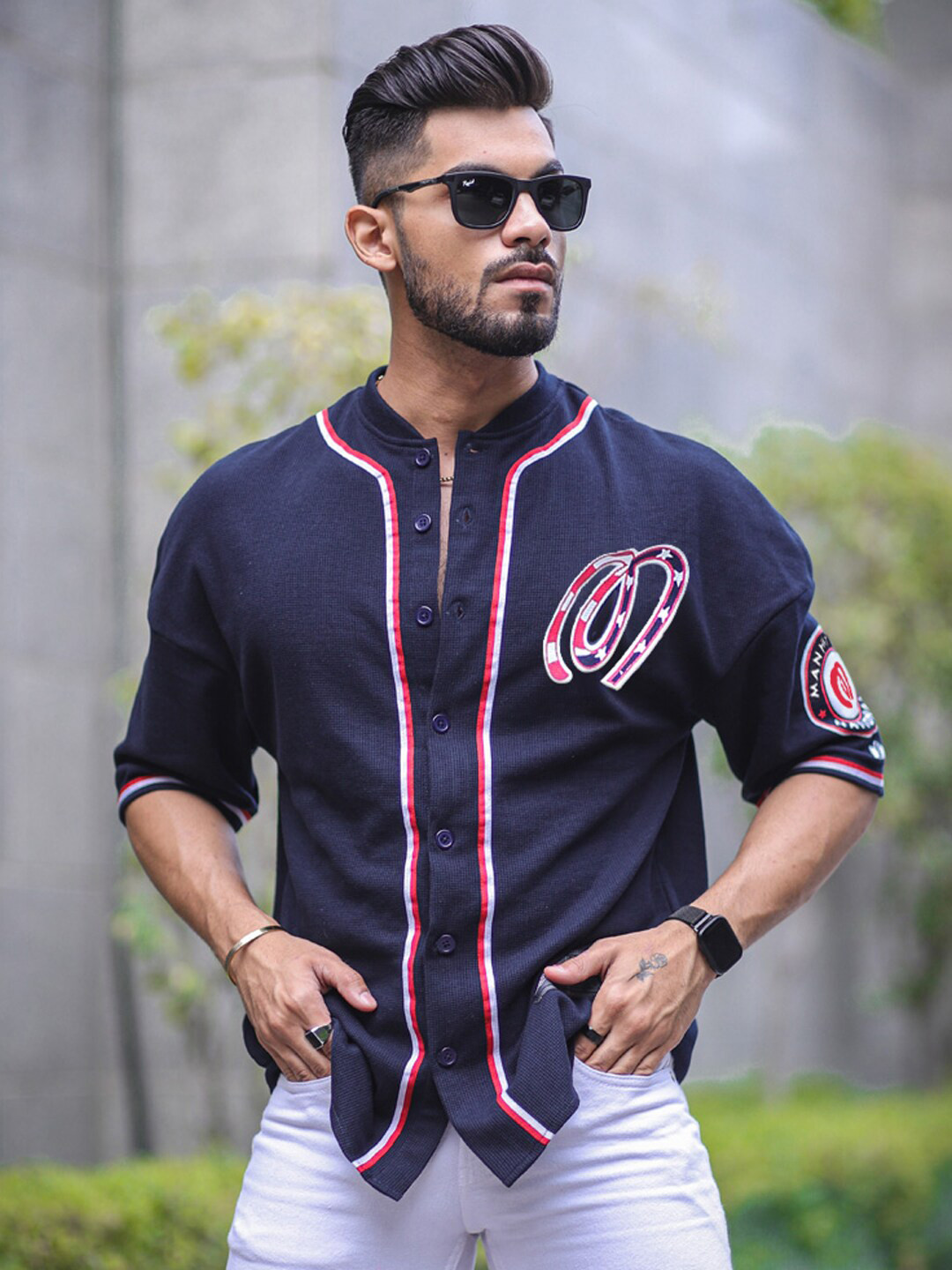 Buy Powerlook Navy Blue Band Collar Loose Fit Casual Shirt - Shirts for ...