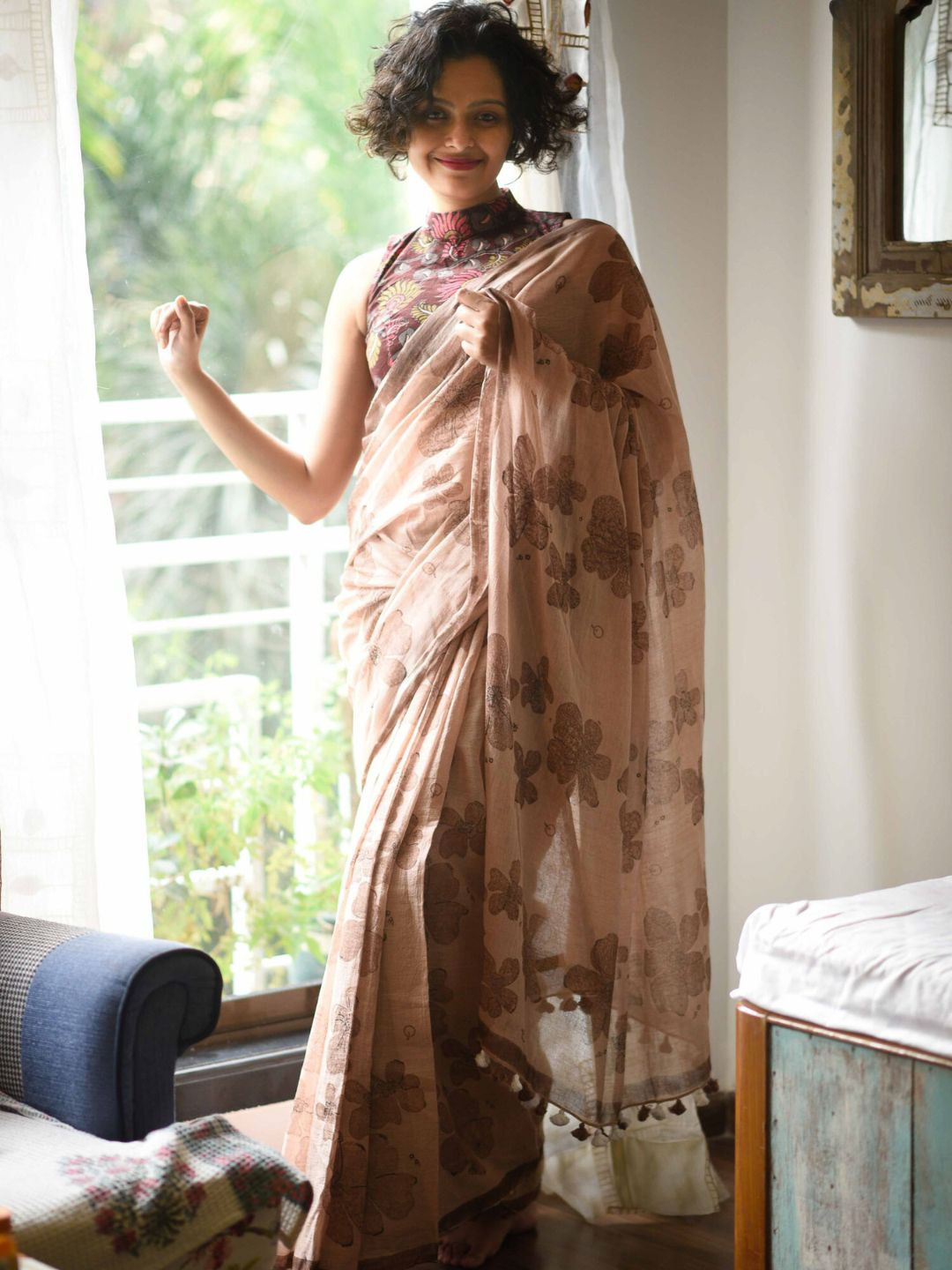 Buy Suta Brown Floral Pom Pom Edge Pure Cotton Saree With Fall - Sarees ...