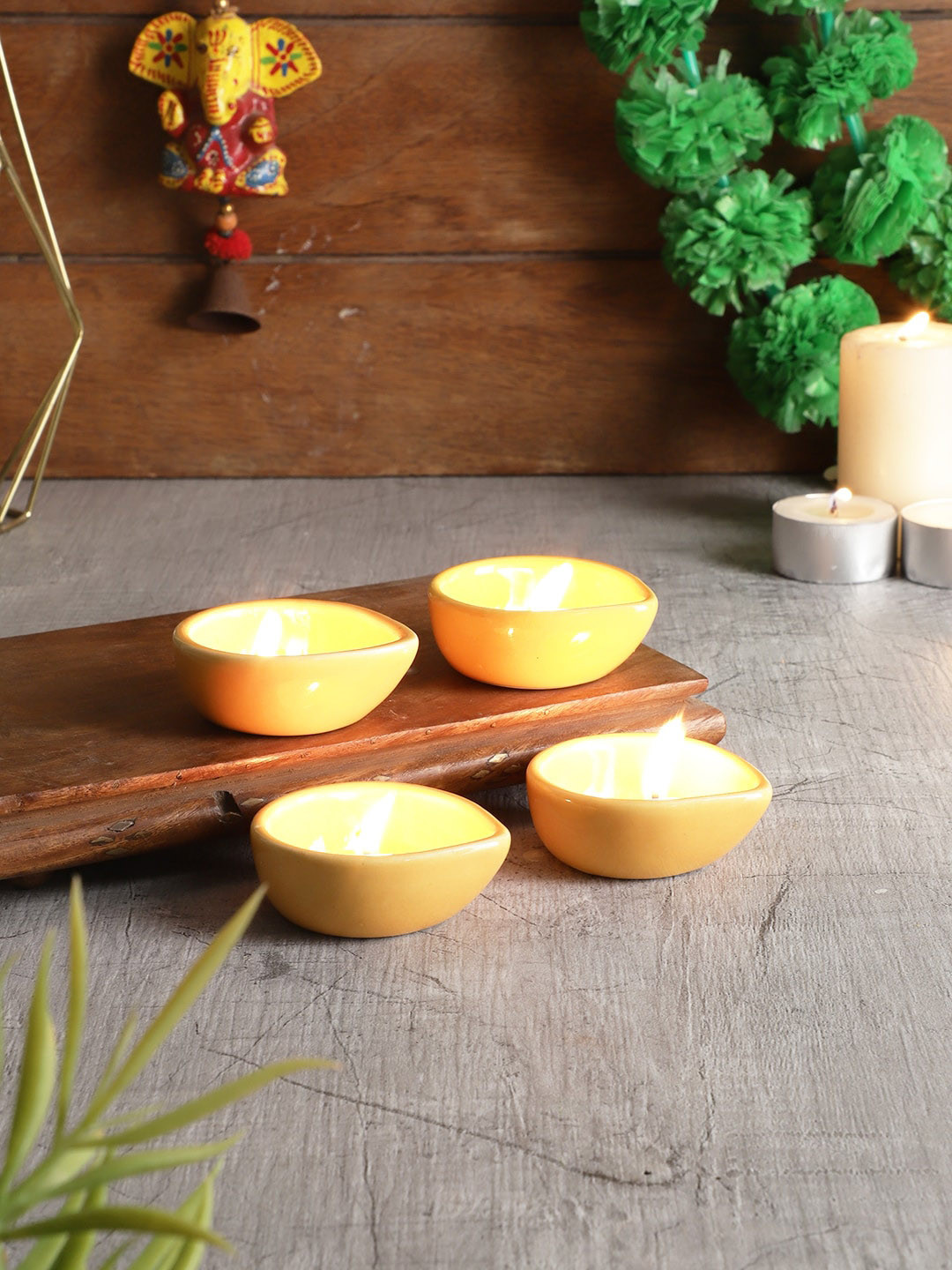 Buy MIAH Decor 4 Pcs Yellow Traditional Ceramic Diyas - Pooja ...