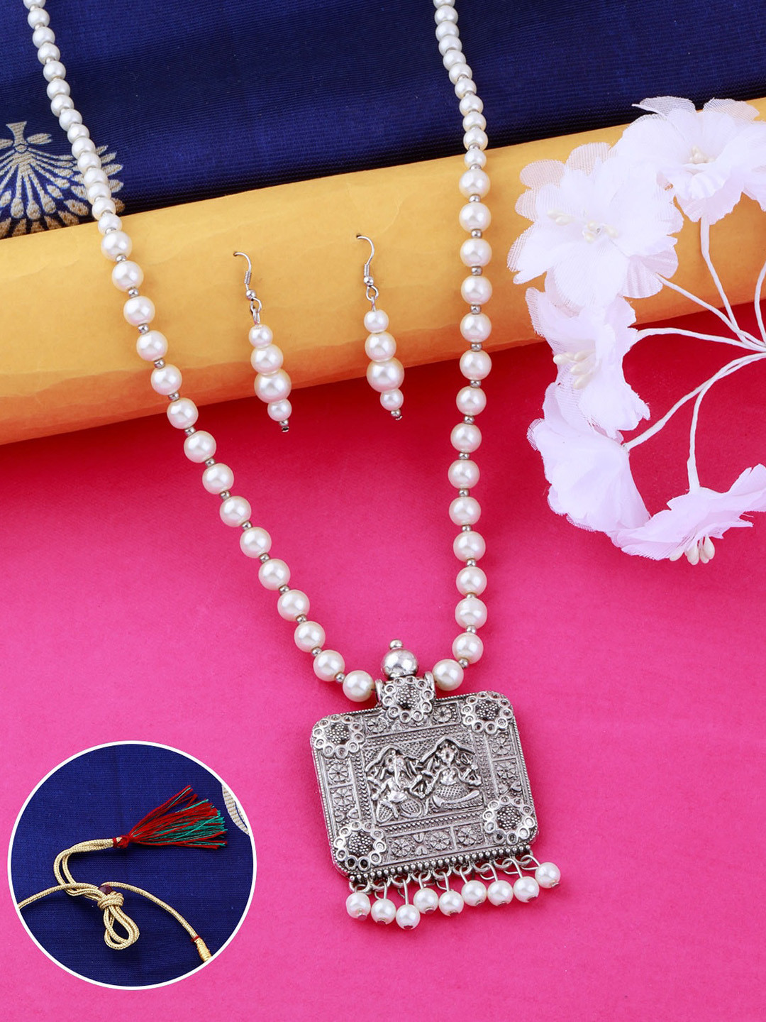 Buy Silver Shine Silver Plated & Beaded Traditional Square Jewellery ...