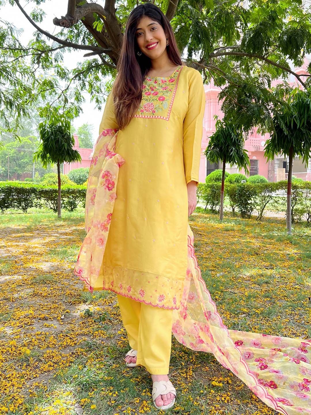 Buy Libas Floral Yoke Design Thread Work Kurta With Trousers And Dupatta