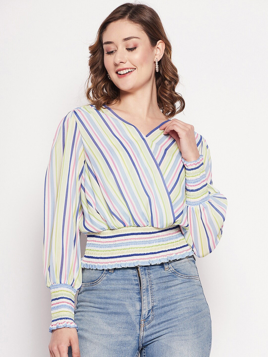 Buy CAMLA Vertical Striped Smocked Blouson Top - Tops for Women ...