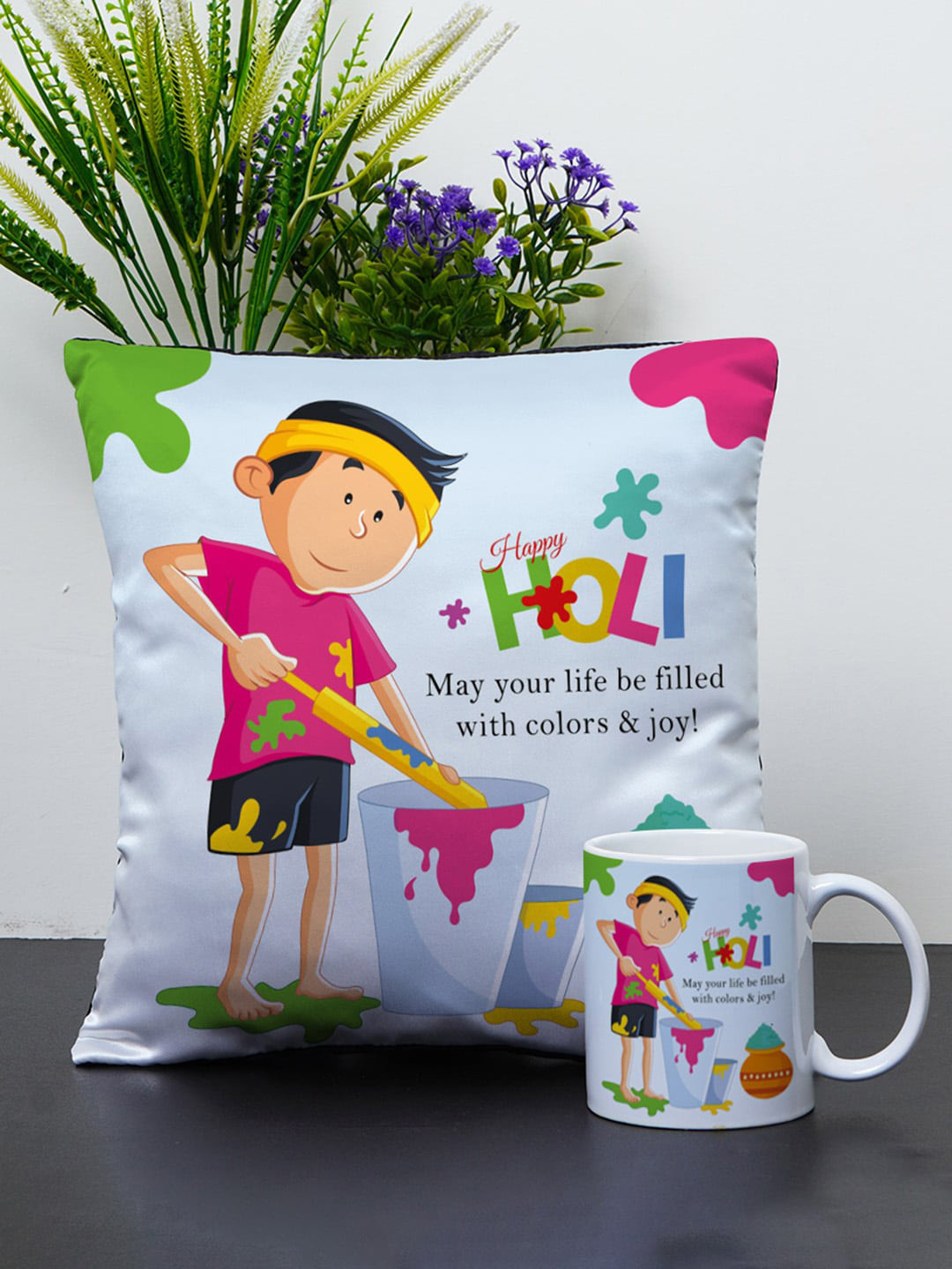 Buy Crazy Corner Blue & Pink Printed Holi Cushion & Coffee Mug Set ...
