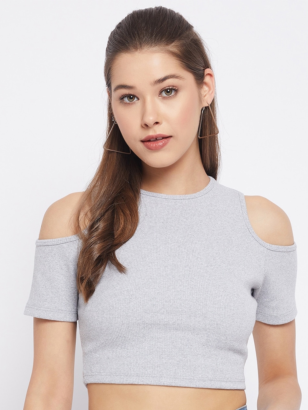 Buy Le Bourgeois Round Neck Cold Shoulder Slim Fit Crop Top Tops For