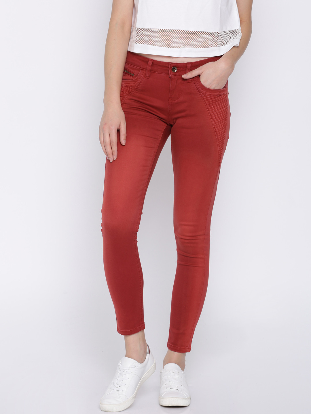 Buy Pepe Jeans Women Red Regular Fit Mid Rise Clean Look Stretchable ...