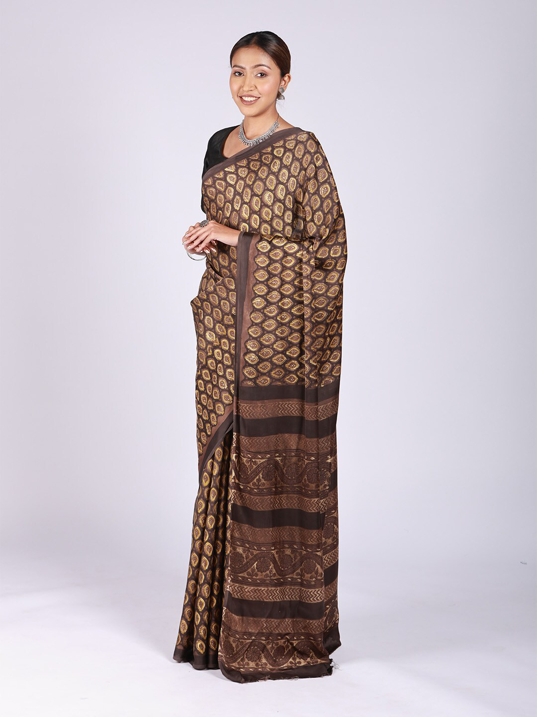 Buy ReshaWeaves Ajrak Printed Pure Silk Block Print Saree - Sarees for ...