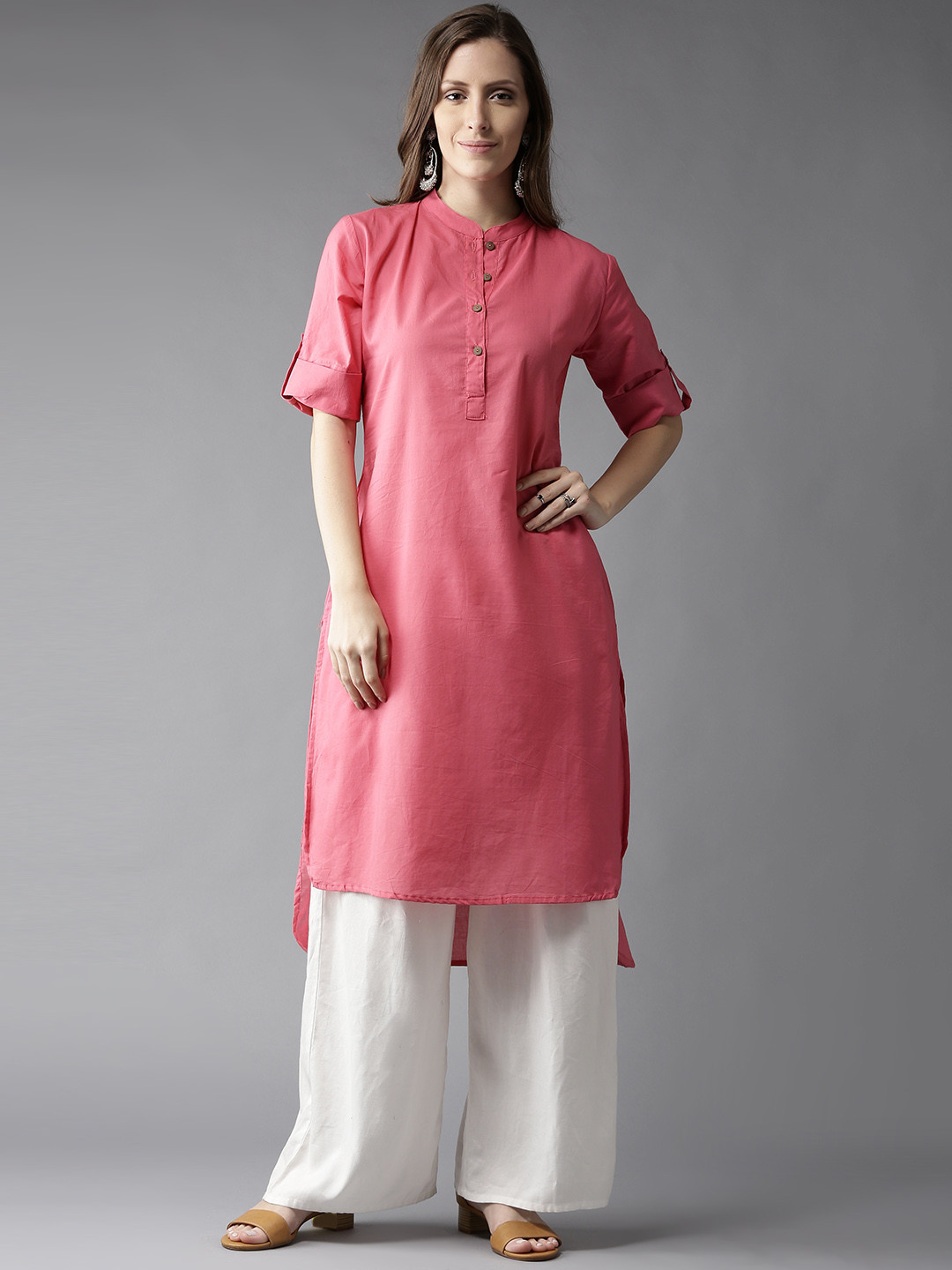 Buy HERE&NOW Women Pink Solid High Low Straight Kurta - Kurtas for ...