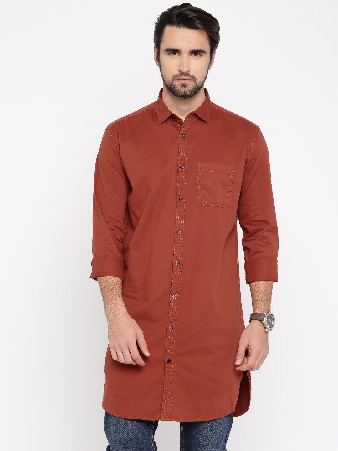 Buy British Club Men Rust Red Slim Fit Solid Casual Longline Shirt