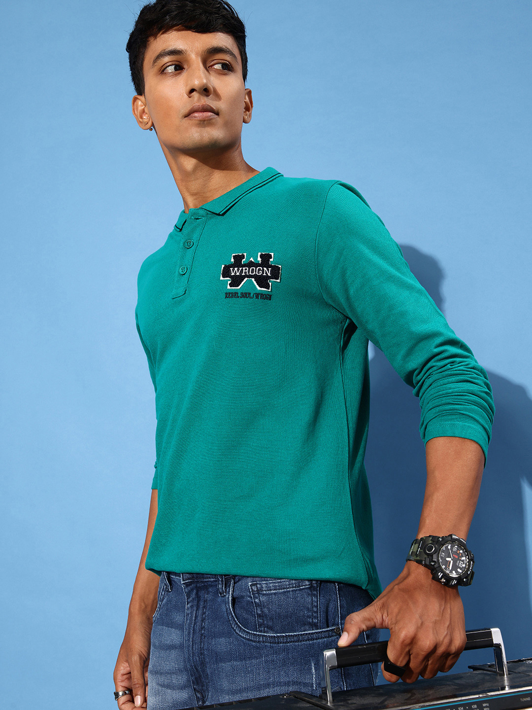 Buy WROGN Brand Logo Embroidered Polo Collar Pure Cotton Slim Fit T ...
