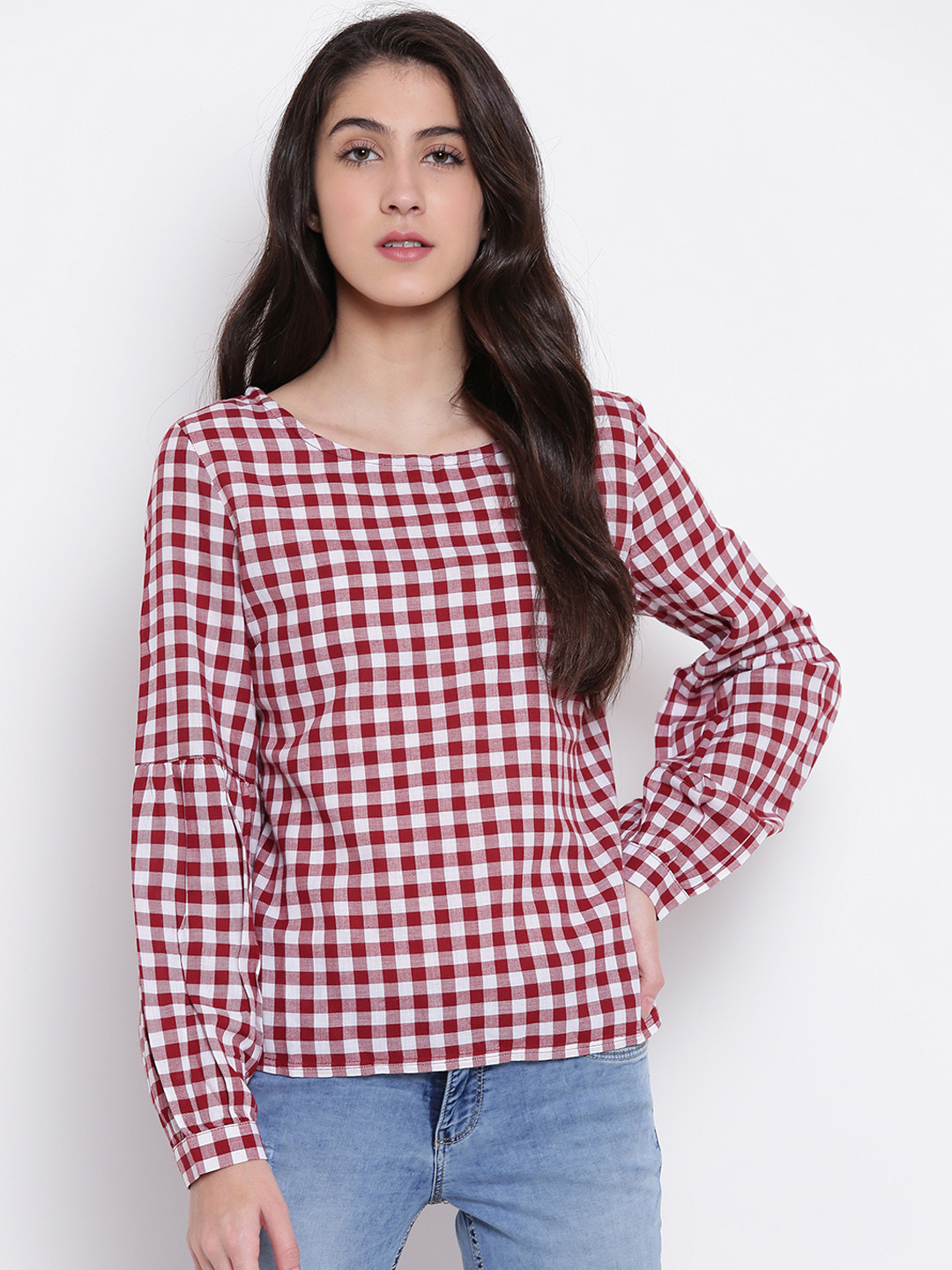 Buy ONLY Women Red Checked Pure Cotton Top - Tops for Women 2214725 ...