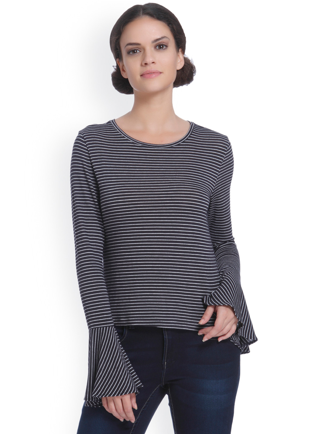 Buy ONLY Women Charcoal Grey & White Striped Top - Tops for Women ...