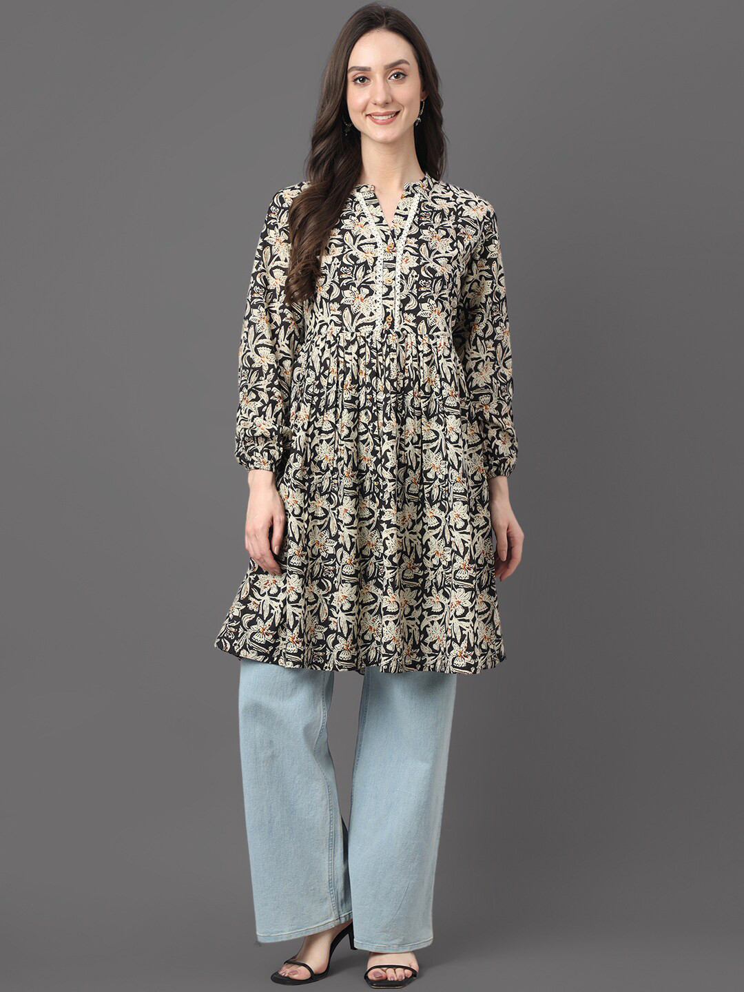 Buy Janasya Floral Printed Mandarin Collar Puff Sleeves Cotton Tunic ...