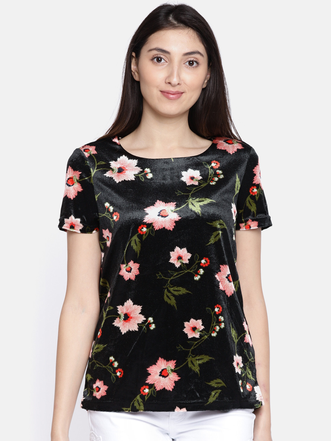 Buy Vero Moda Women Black & Coral Pink Floral Print Top - Tops for ...