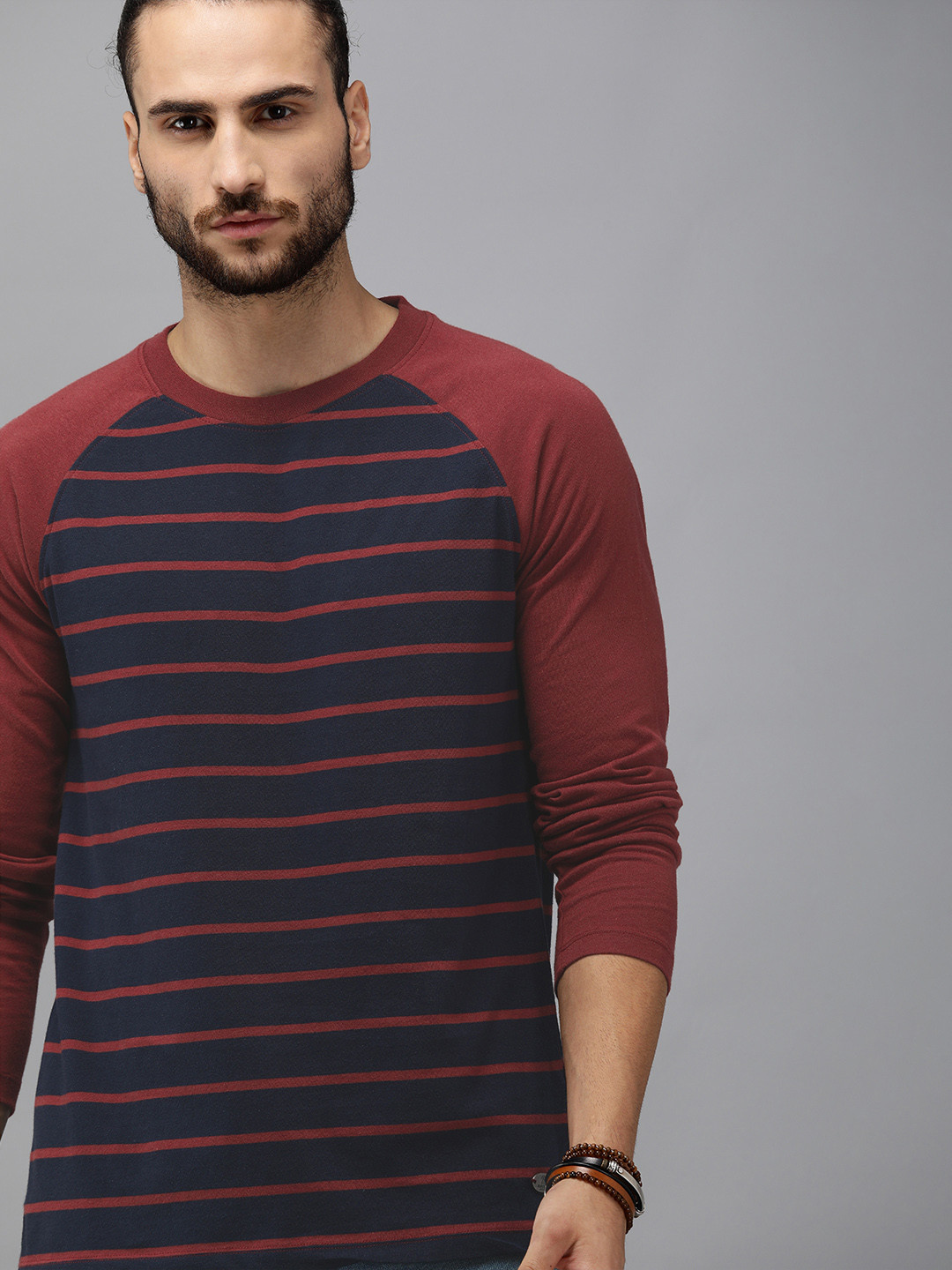 Buy Roadster Men Maroon Navy Blue Striped Round Neck Raglan Sleeves ...