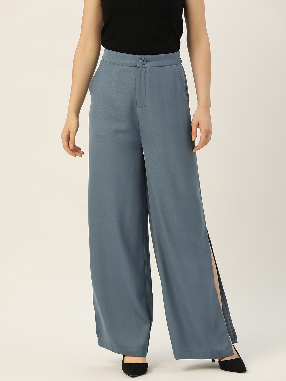 Buy Rue Collection Women Blue Relaxed Loose Fit High Rise Trousers ...