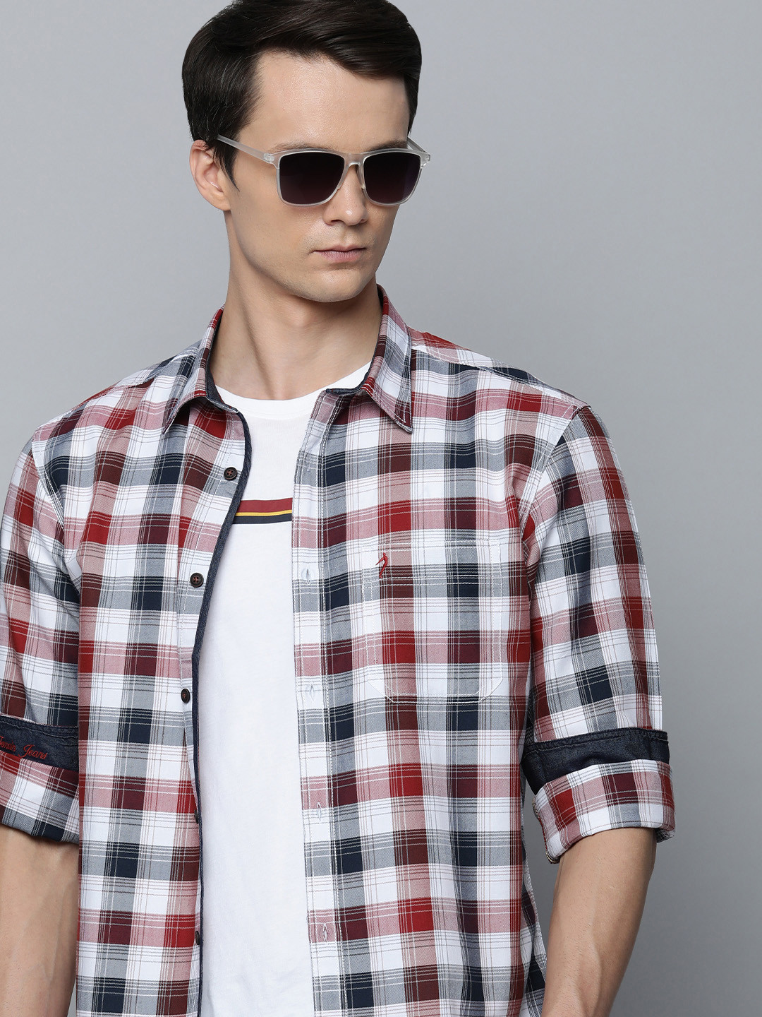 Buy Indian Terrain Men White Chiseled Slim Fit Tartan Checks Opaque ...
